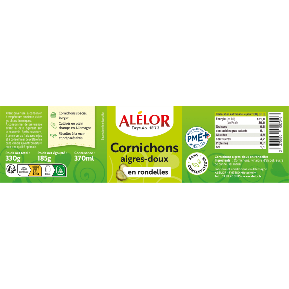 Cornichons aigres-doux en Rondelles - La Boutique des Condiments