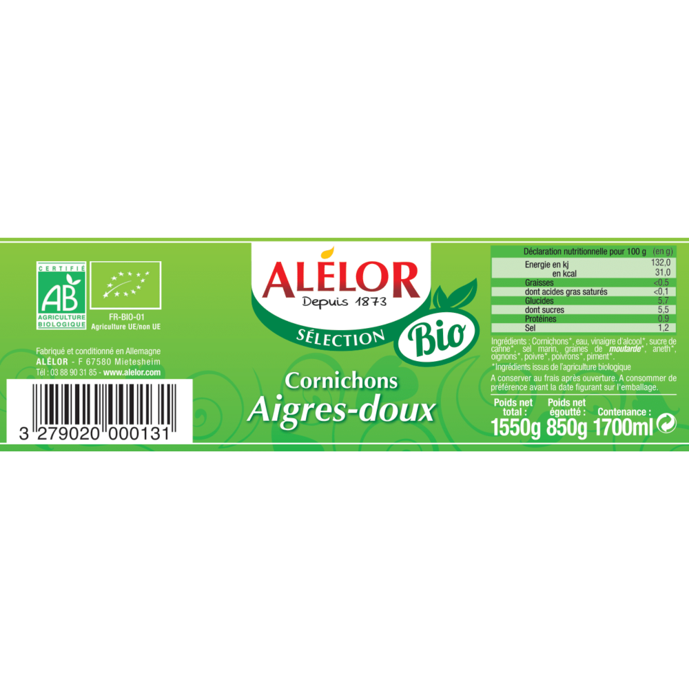 Cornichons aigres-doux Gros Bio - La Boutique des Condiments